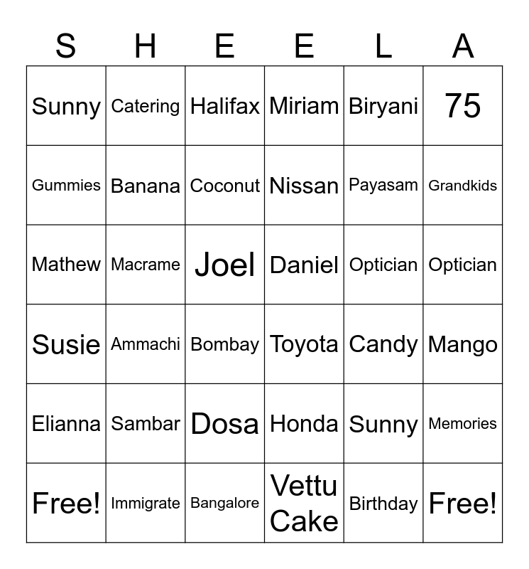 SHEELA Bingo Card