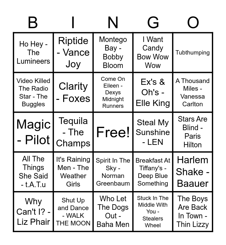 One Hit Wonders! Bingo Card