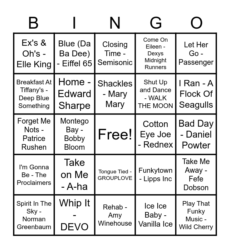 One Hit Wonders! Bingo Card