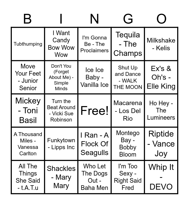 One Hit Wonders! Bingo Card
