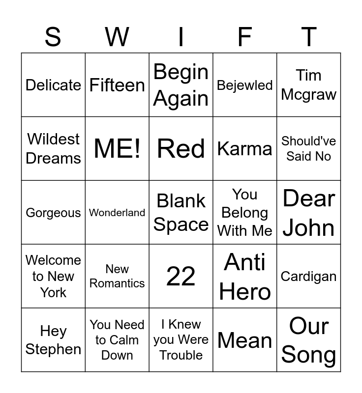 Taylor Swift Bingo Card