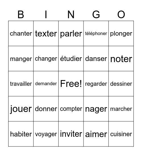 Les verbes en -er Bingo Card