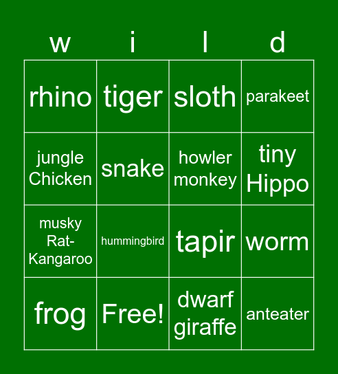 jungle bingo 4x4 Bingo Card