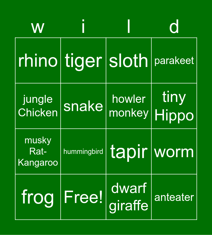 jungle bingo 4x4 Bingo Card