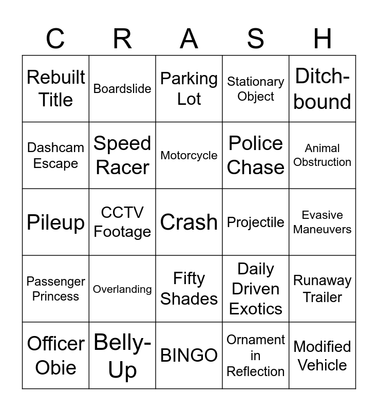 Car Crash Bingo Card