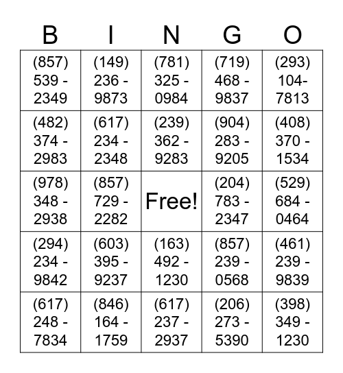 Phone Number Bingo Card