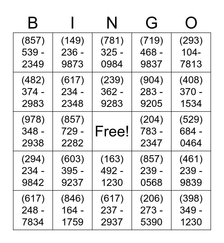 Phone Number Bingo Card
