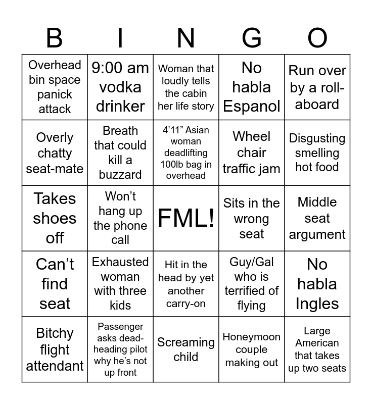 Airline Passenger Bingo Card