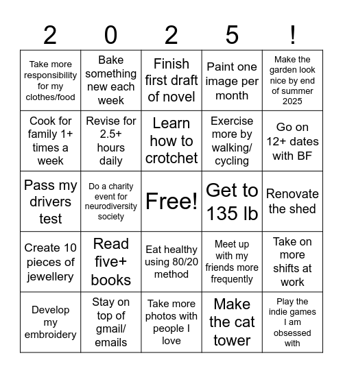 2025 goals Bingo Card
