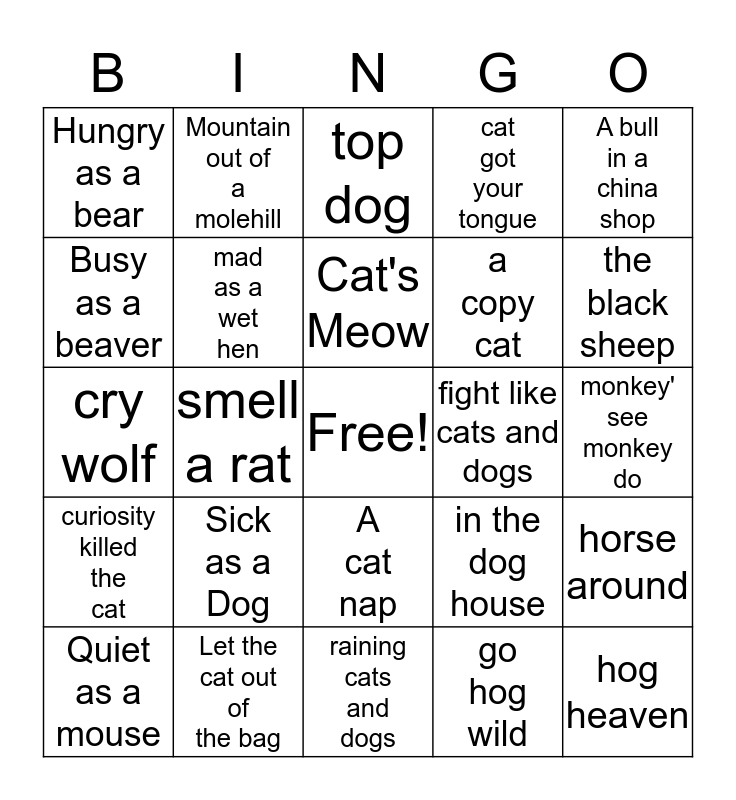 Animal Idioms Bingo Card