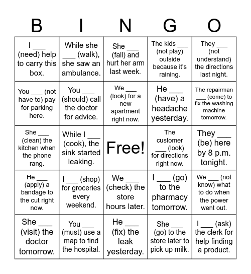 verb tense review Bingo Card