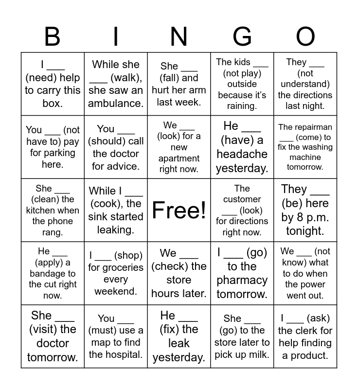 verb tense review Bingo Card