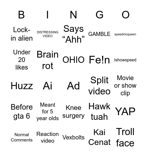 YT Brain rot Bingo Card