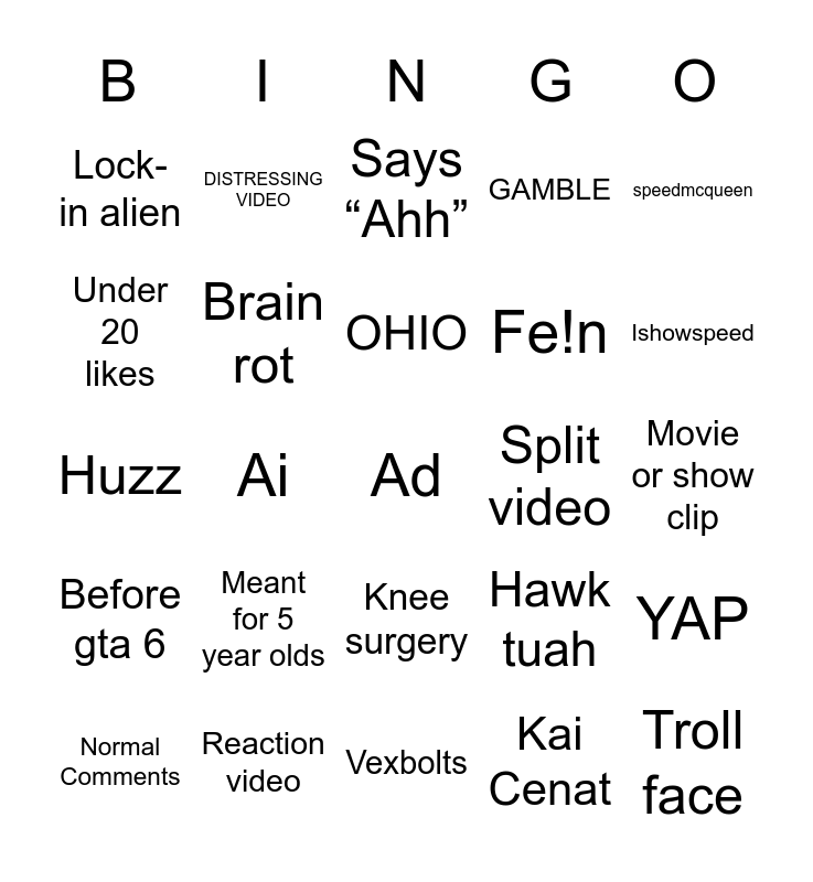 YT Brain rot Bingo Card