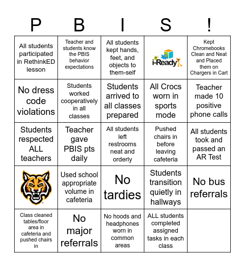 PBIS Homeroom Bingo Card