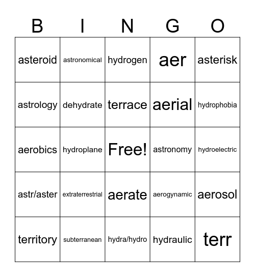 Sort 2 Vocabulary Bingo Card