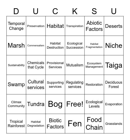 Unit 1 & 2 Vocabulary Bingo Card