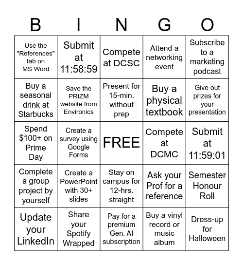 2025 Marketing Student BINGO Card