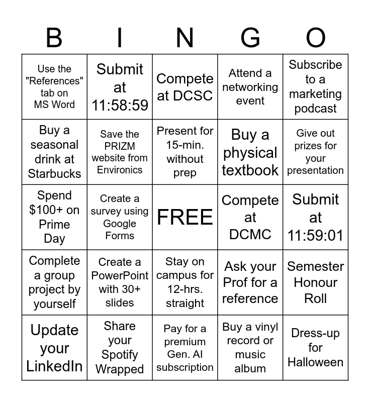2025 Marketing Student BINGO Card