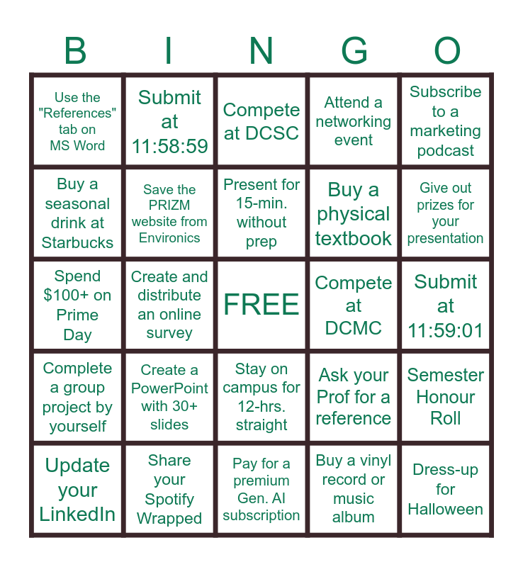 2025 Marketing Student BINGO Card
