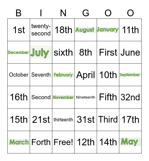 Dates and Months Bingo Card
