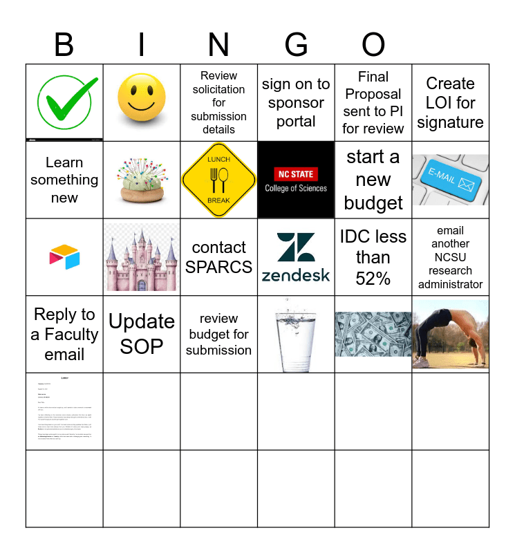 COS Pre Award Bingo Card