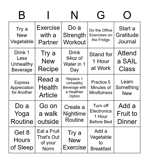 Healthy Habits Bingo Card