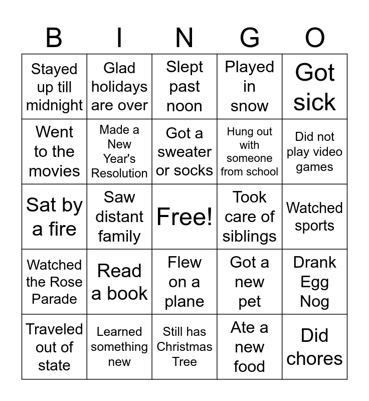 Winter Break Bingo Card