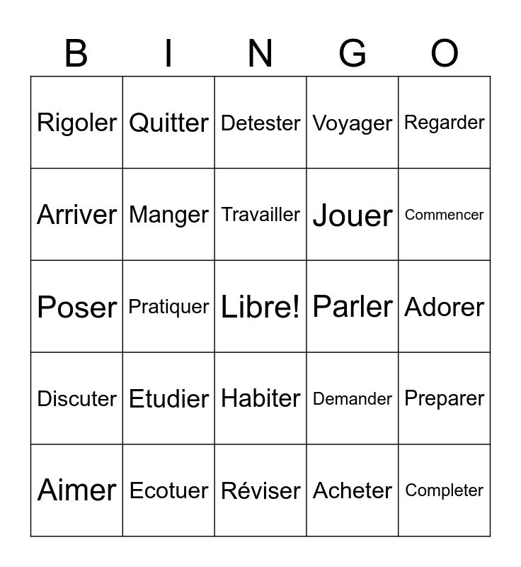 Les Verbes D’action Bingo Card