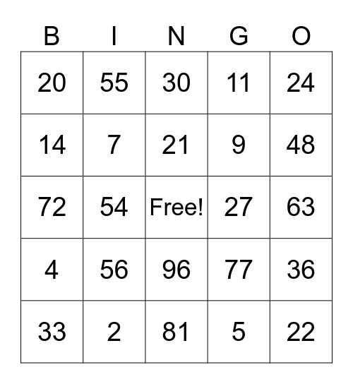 Barton Math Fact Bingo Card