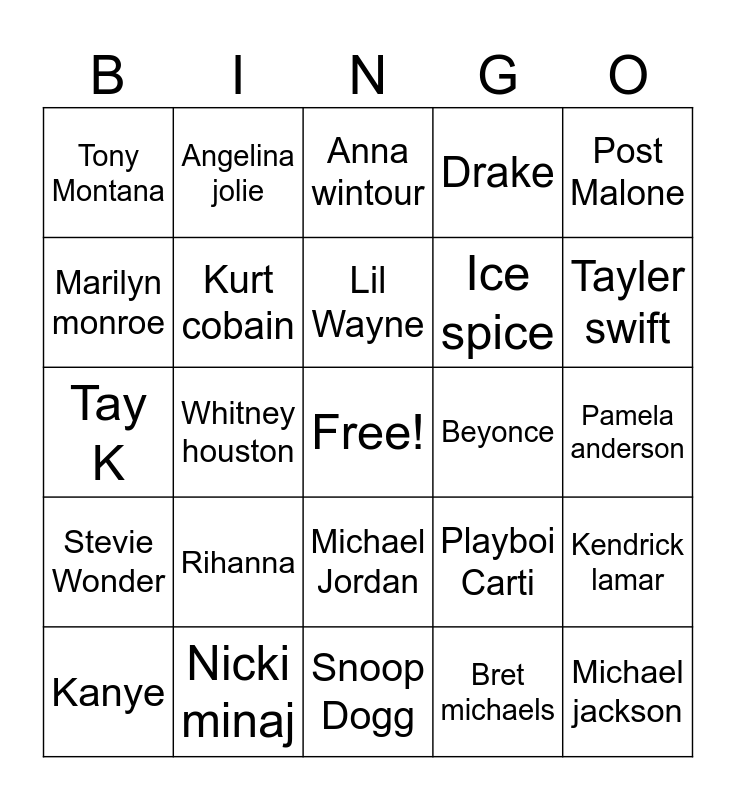 Celebrity Death Bingo Card