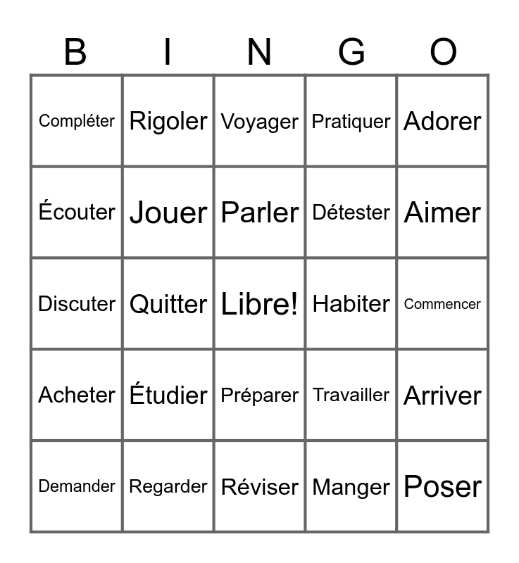 Les verbes d’action Bingo Card