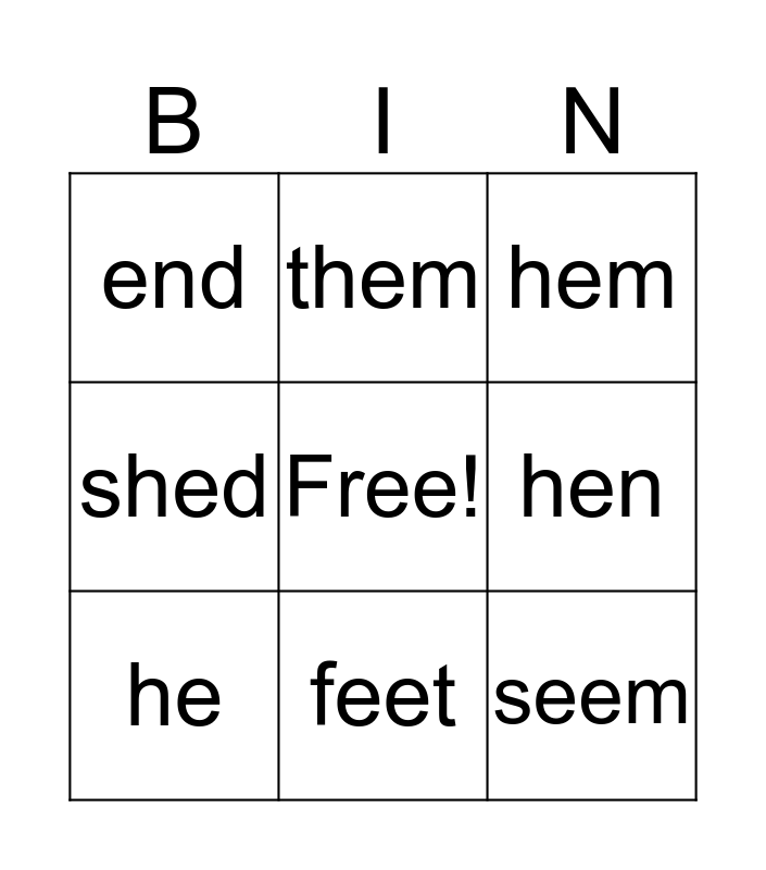 E Sound Bingo Card