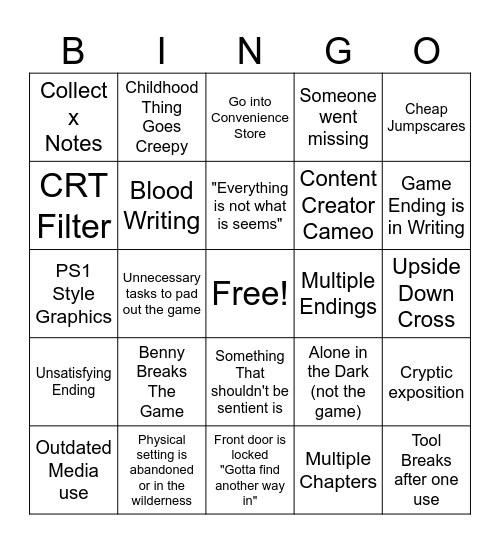 Indie Horror Game Bingo Card