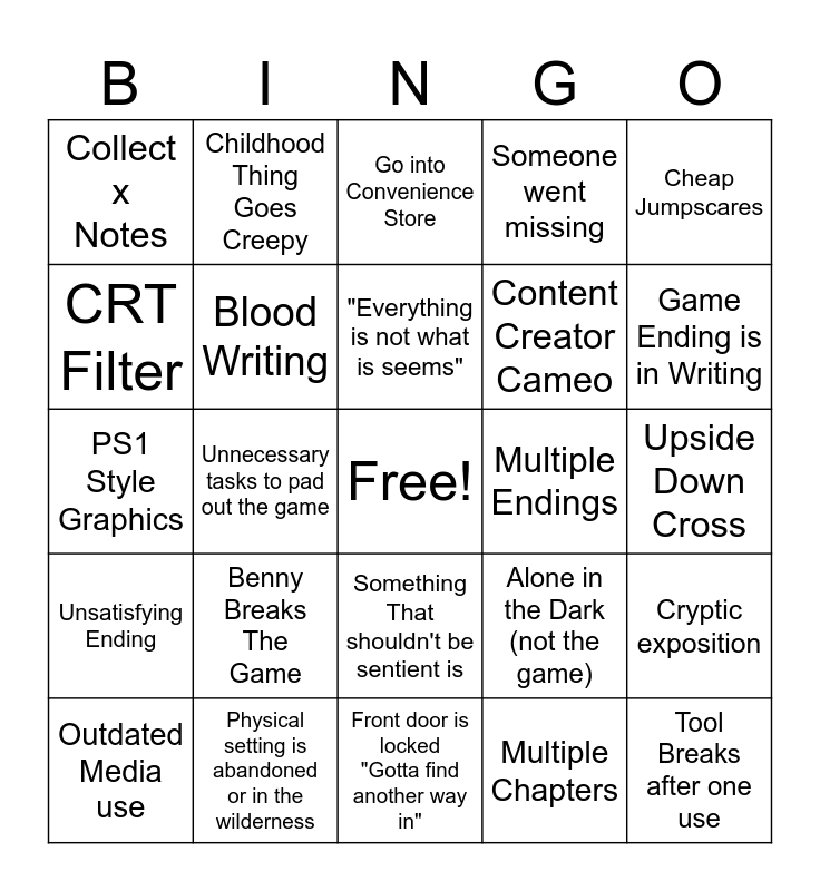 Indie Horror Game Bingo Card