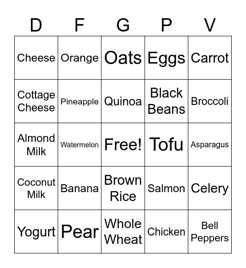 Healthy Eating Bingo Card