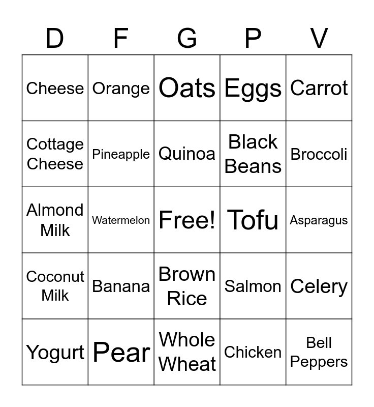Healthy Eating Bingo Card