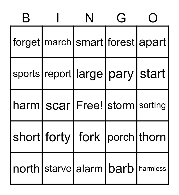Unit 12: R-Controlled ar, or Bingo Card
