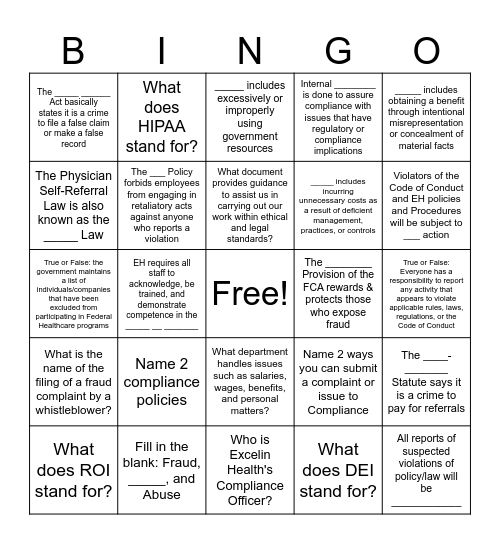 Compliance Bingo Card
