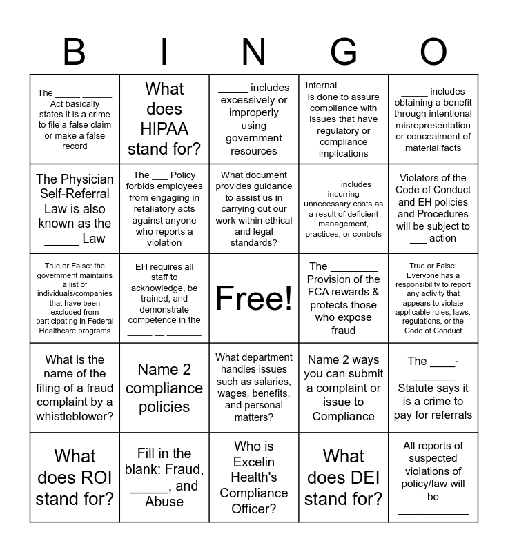Compliance Bingo Card