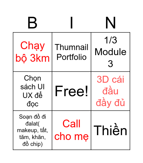9/1 Daily task Bingo Card