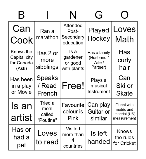 Getting to Know each other Bingo Card