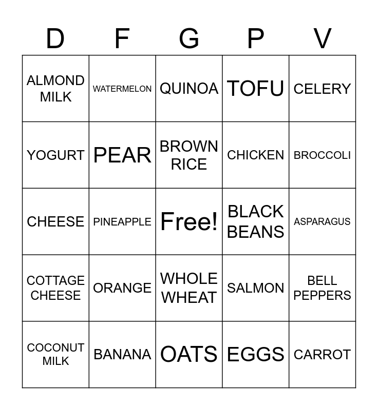 HEALTHY EATING BINGO Card