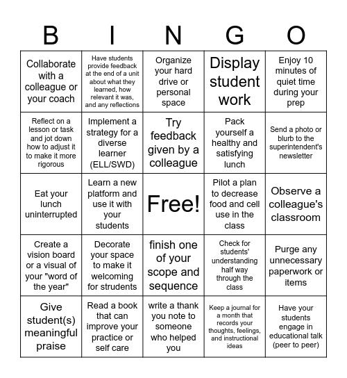 January Bingo Challenge Bingo Card