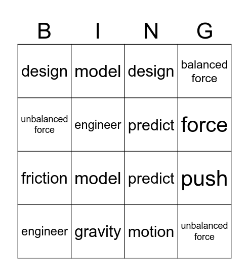Forces and Motion Bingo Card