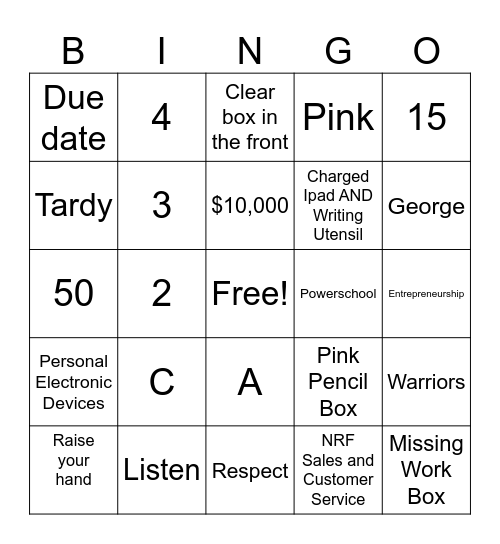 CLASSROOM BINGO Card