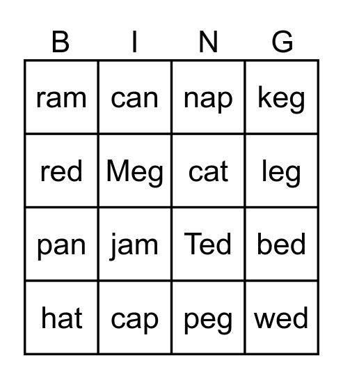 CVC Word Bingo Card
