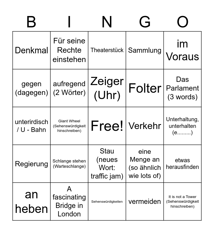 London Calling Bingo Card