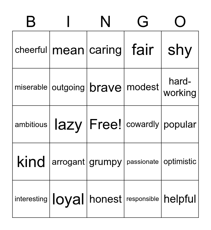 Personality Bingo Card