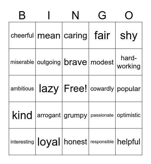Personality Bingo Card
